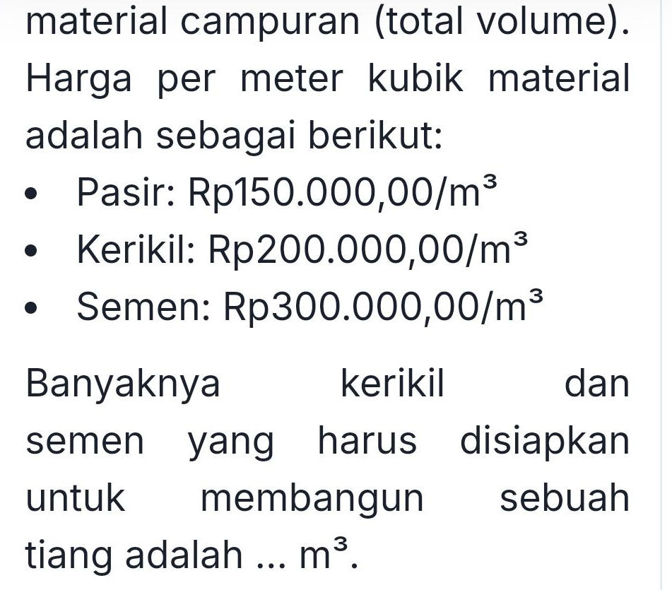 material campuran (total volume) Harga per | StudyX