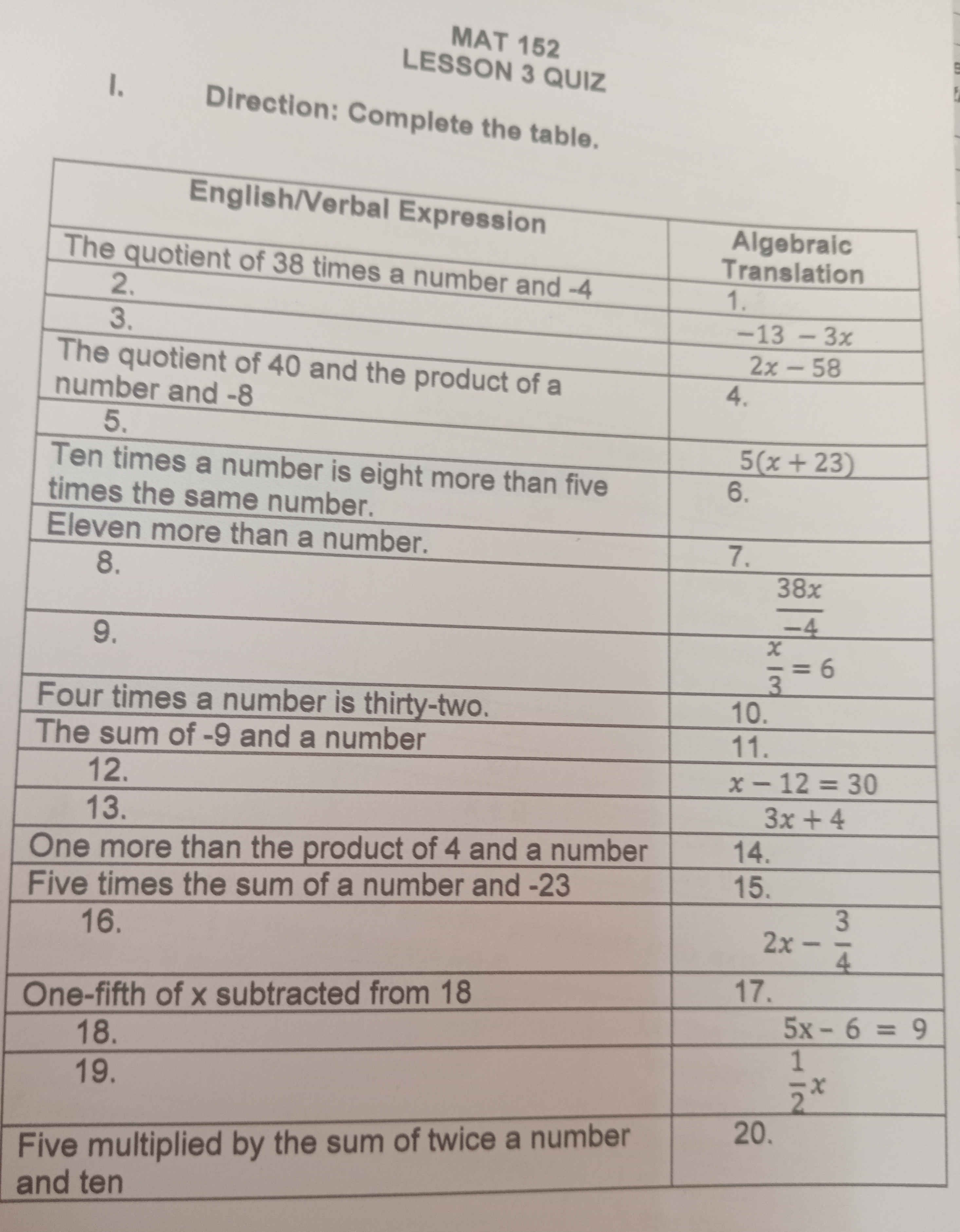MAT 152 LESSON 3 QUIZ Direction Complete the | StudyX