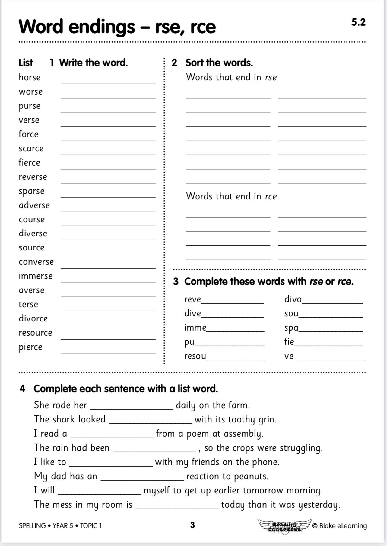 Word endings rse rce List 1 Write the word | StudyX