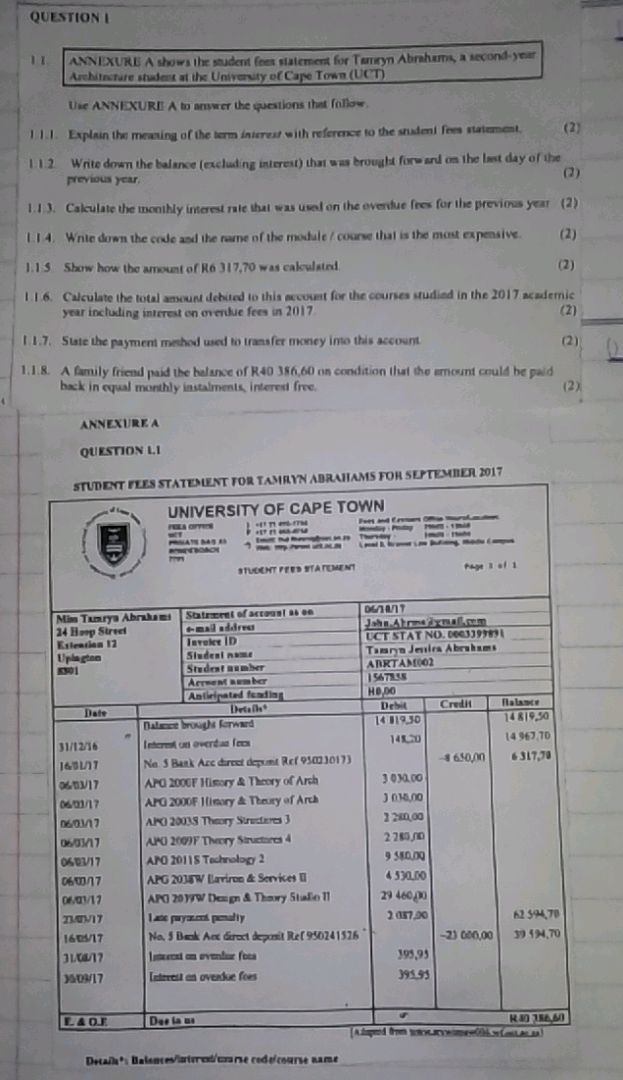 ANNEXURE A shows the student fees statement | StudyX