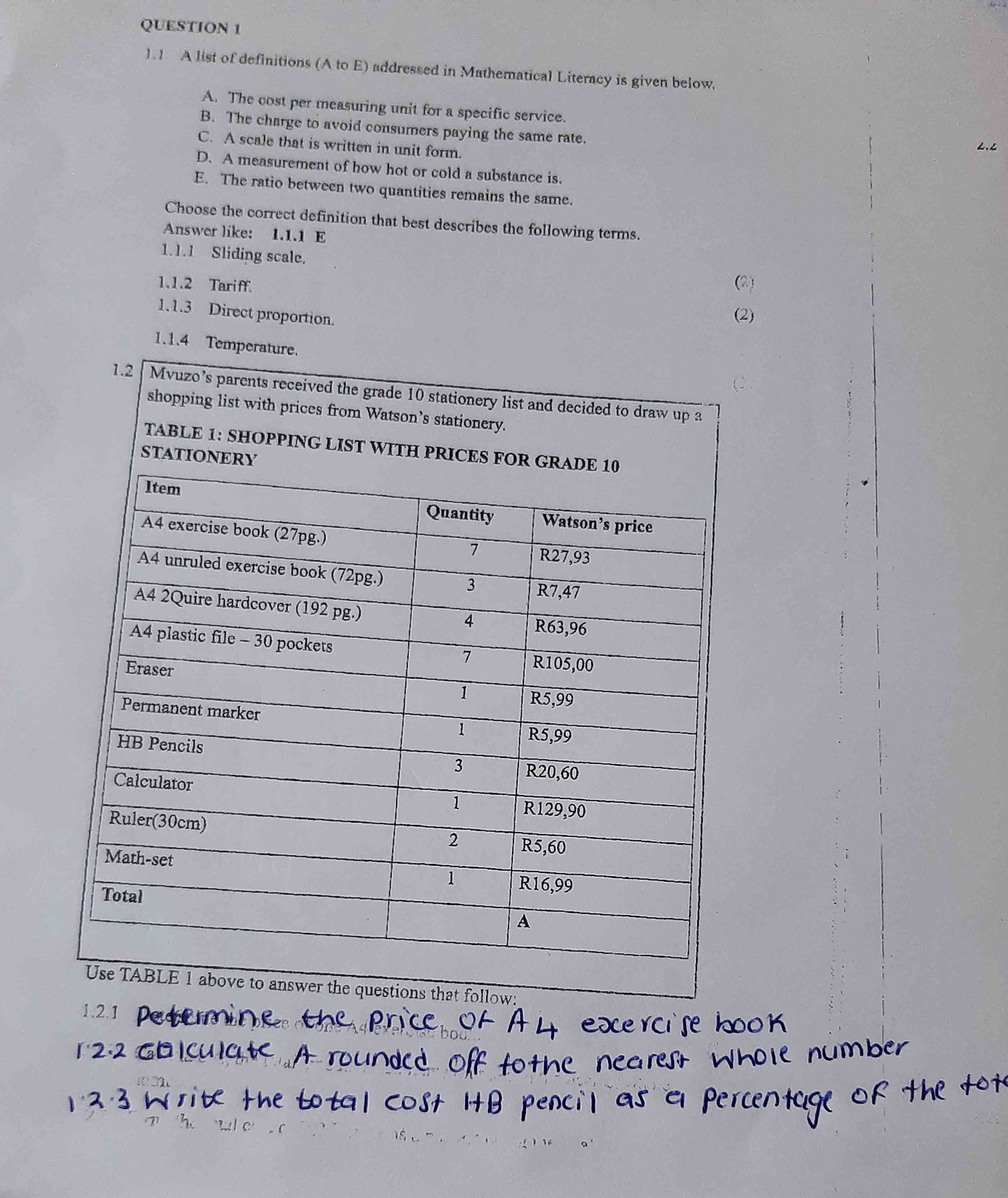QUESTION 1 11 A list of definitions (A to E) | StudyX