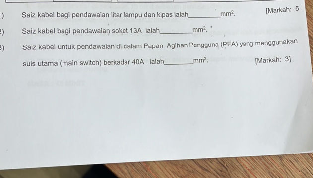 1) Saiz kabel bagi pendawaian litar lampu | StudyX