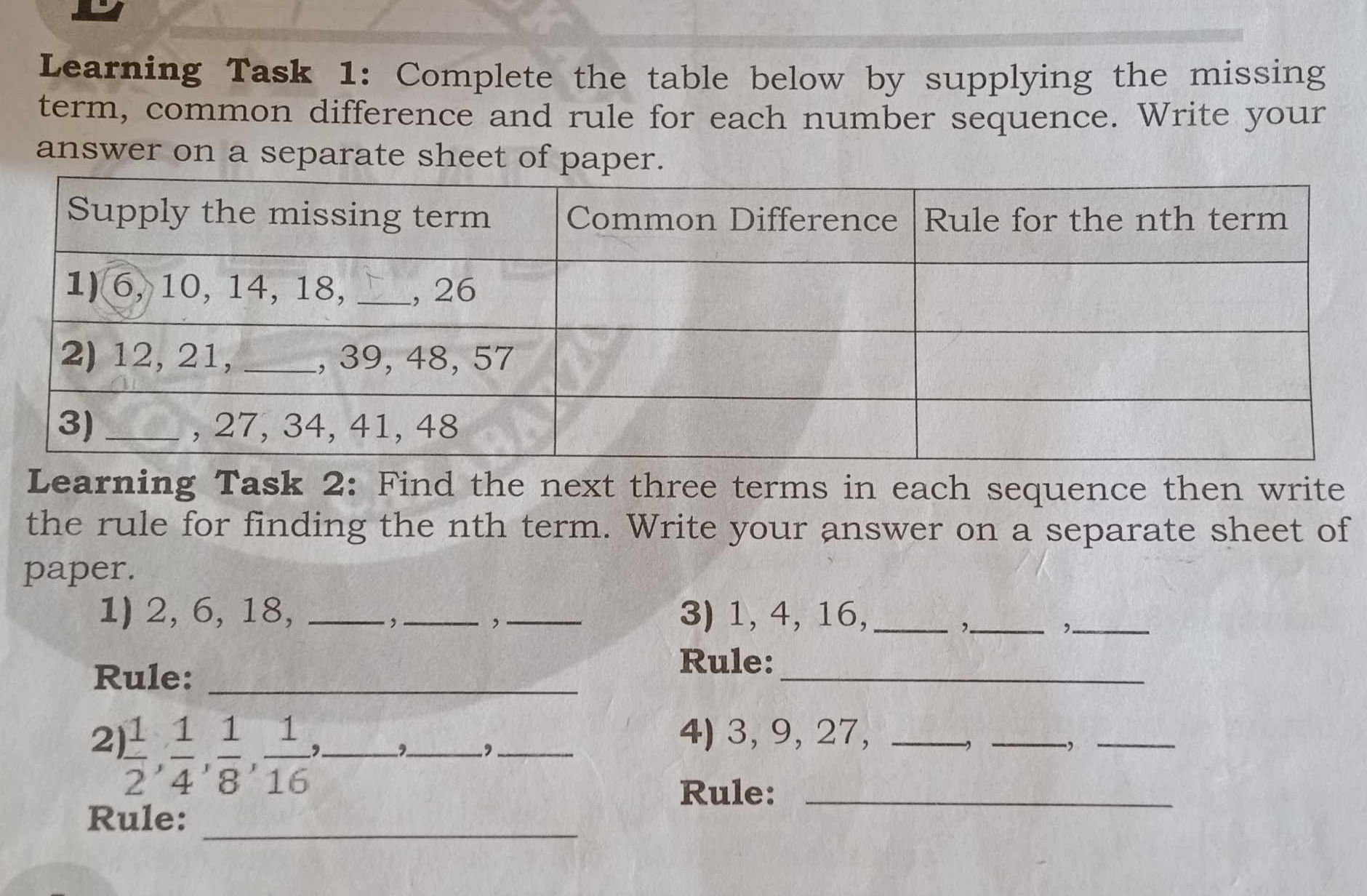 Learning Task 1 Complete the table below by | StudyX