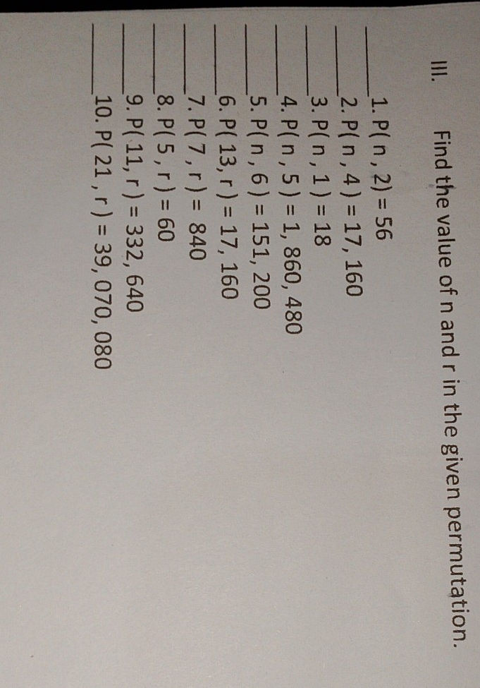 III Find the value of n and r in the given | StudyX