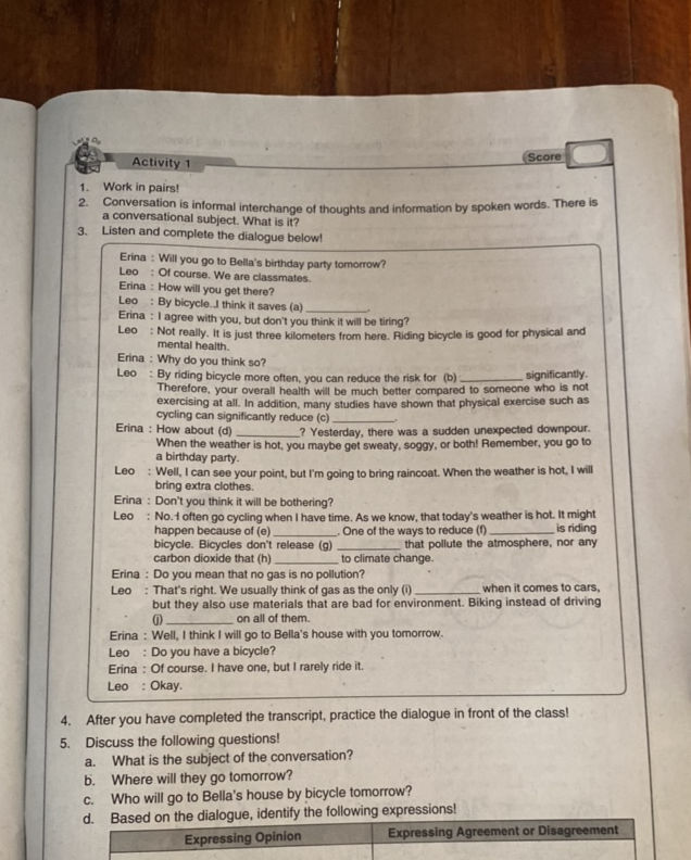 Activity 1 1 Work in pairs 2 Conversation is | StudyX