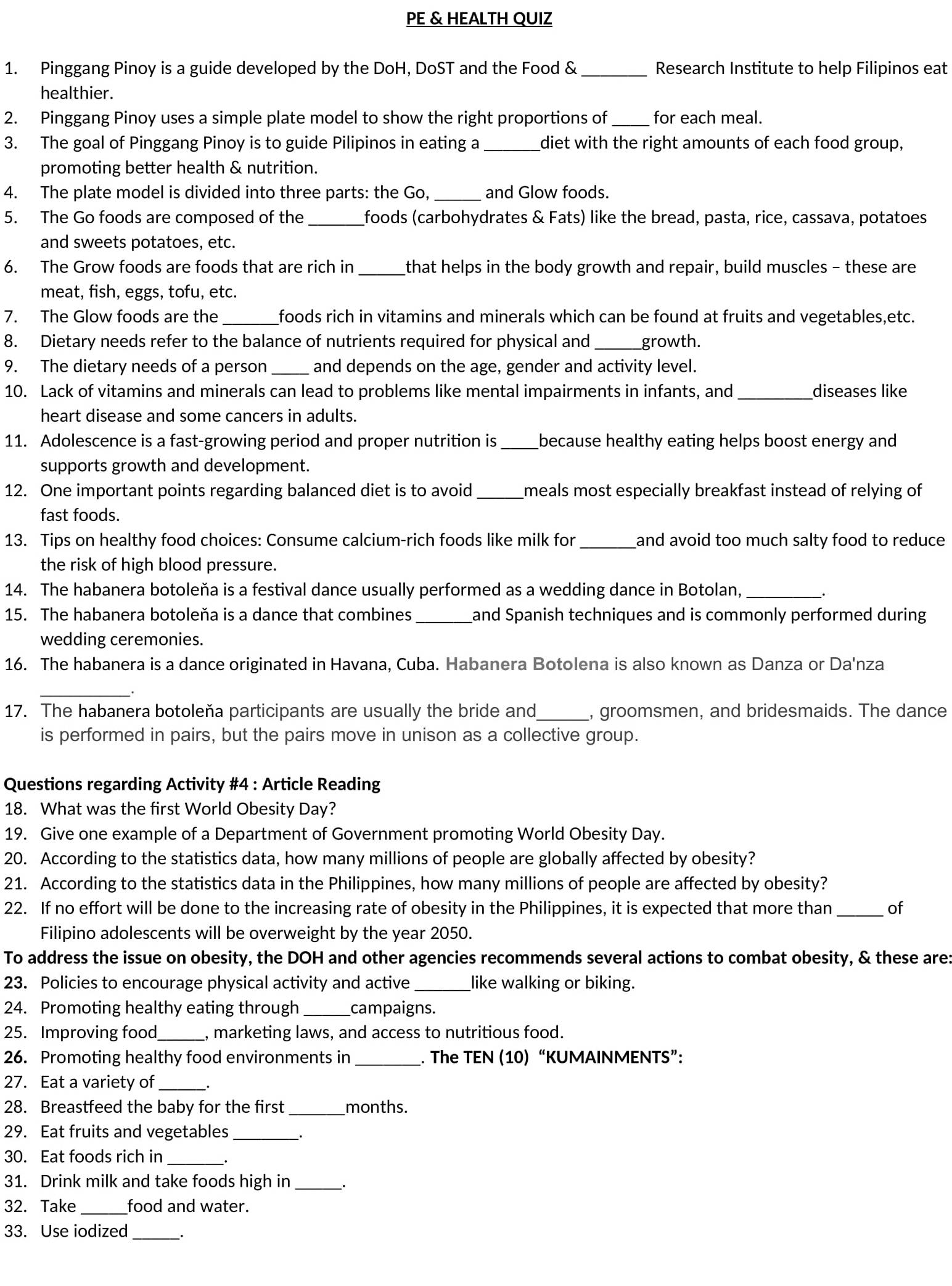 PE HEALTH QUIZ 1 Pinggang Pinoy is a guide | StudyX