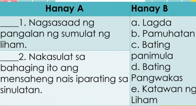Hanay A 1 Nagsasaad ng pangalan ng sumulat | StudyX