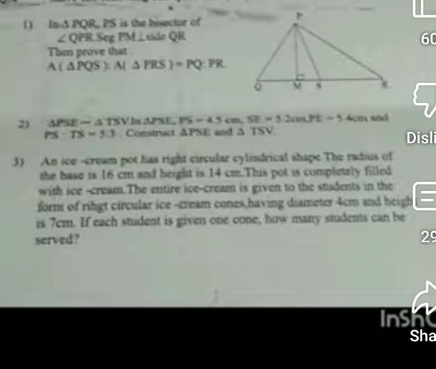 1) In PQR PS is the bisector of QPRSeg | StudyX