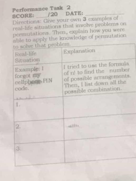 Performance Task 2 SCORE /20 DATE Directions | StudyX