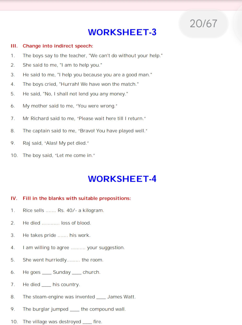 WORKSHEET-3 III Change into indirect speech | StudyX