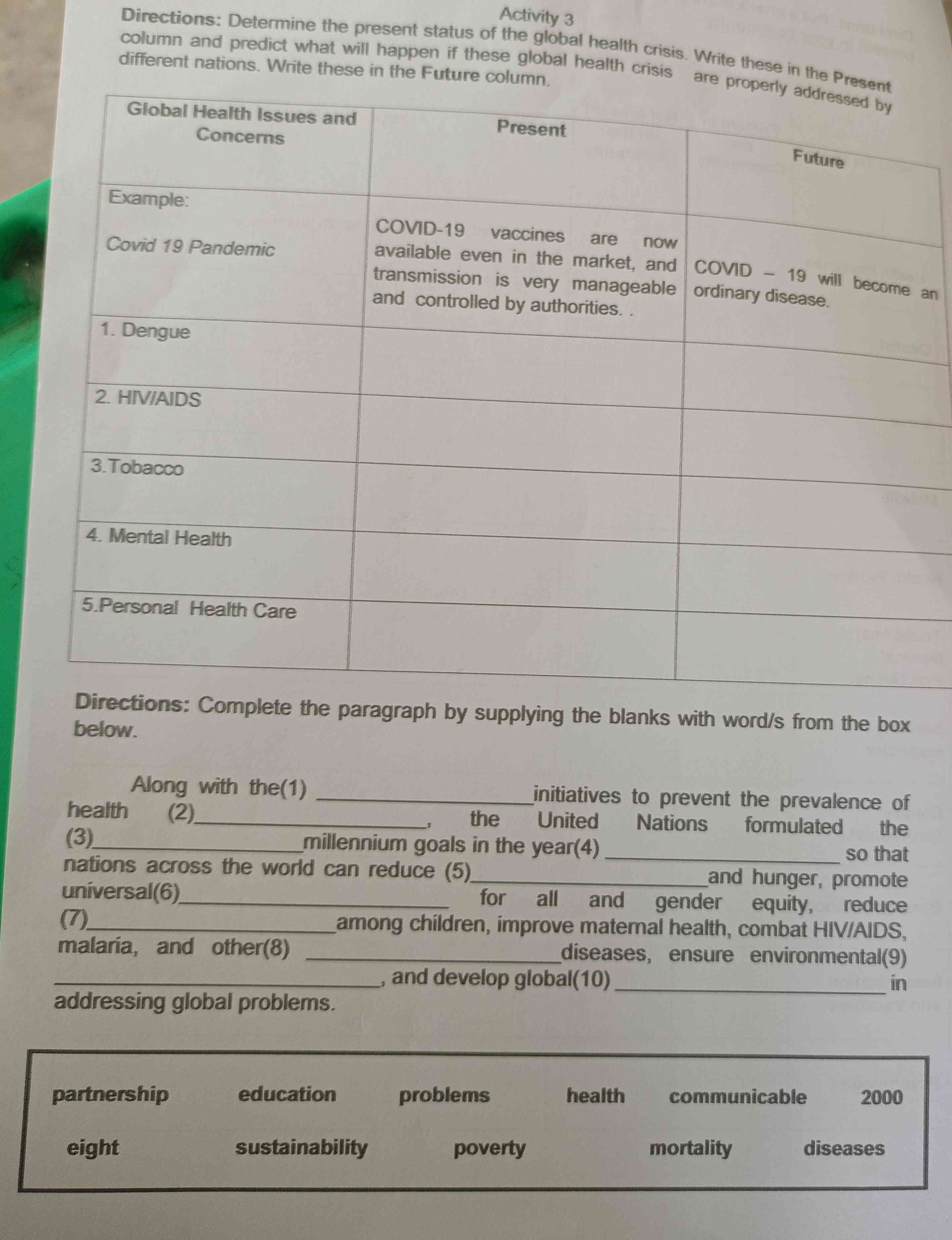 Activity 3 Directions Determine the present | StudyX