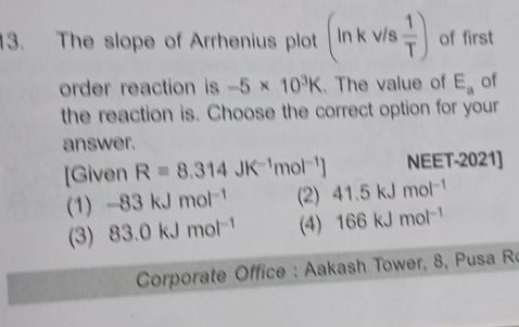 13 The slope of Arrhenius plot (ln k v/s 1T) | StudyX