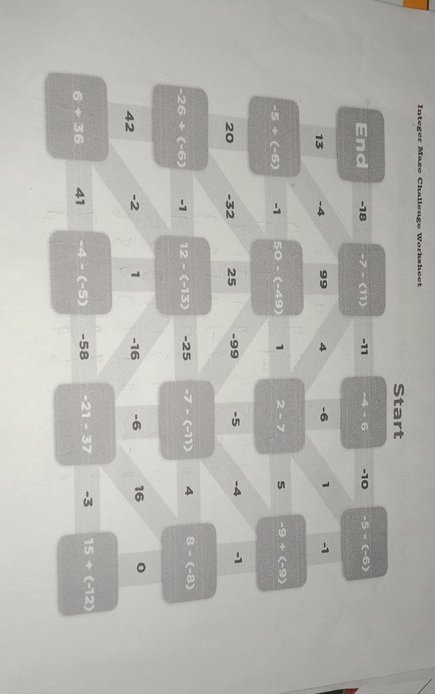 Integer Maze Challenge Worksheet Start End