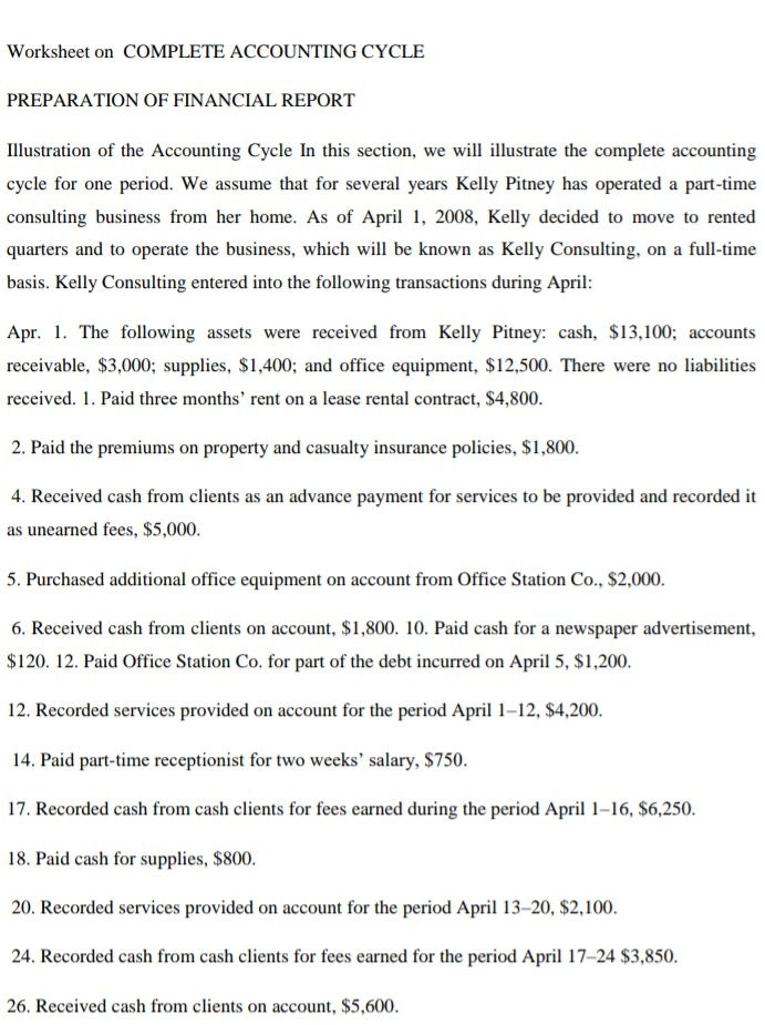 Worksheet on COMPLETE ACCOUNTING CYCLE | StudyX