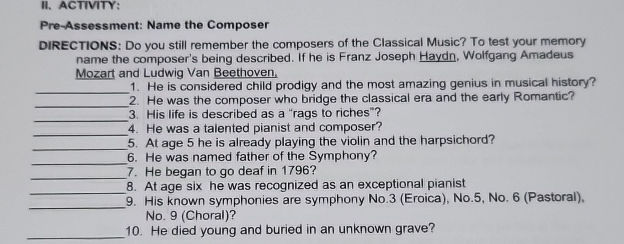 II ACTIVITY Pre-Assessment Name the Composer | StudyX