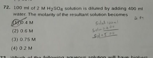 72 100 ml of 2 M H2SO4 solution is diluted | StudyX
