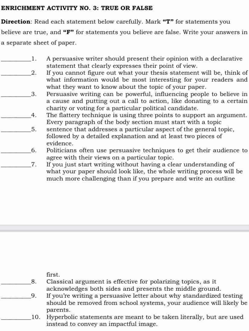 ENRICHMENT ACTIVITY NO 3 TRUE OR FALSE | StudyX