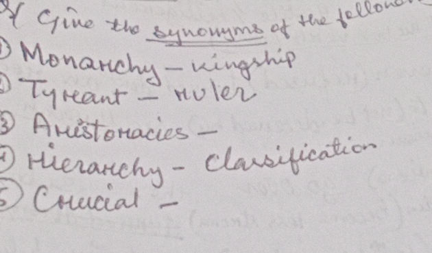 Give the synonyms of the following 1 | StudyX