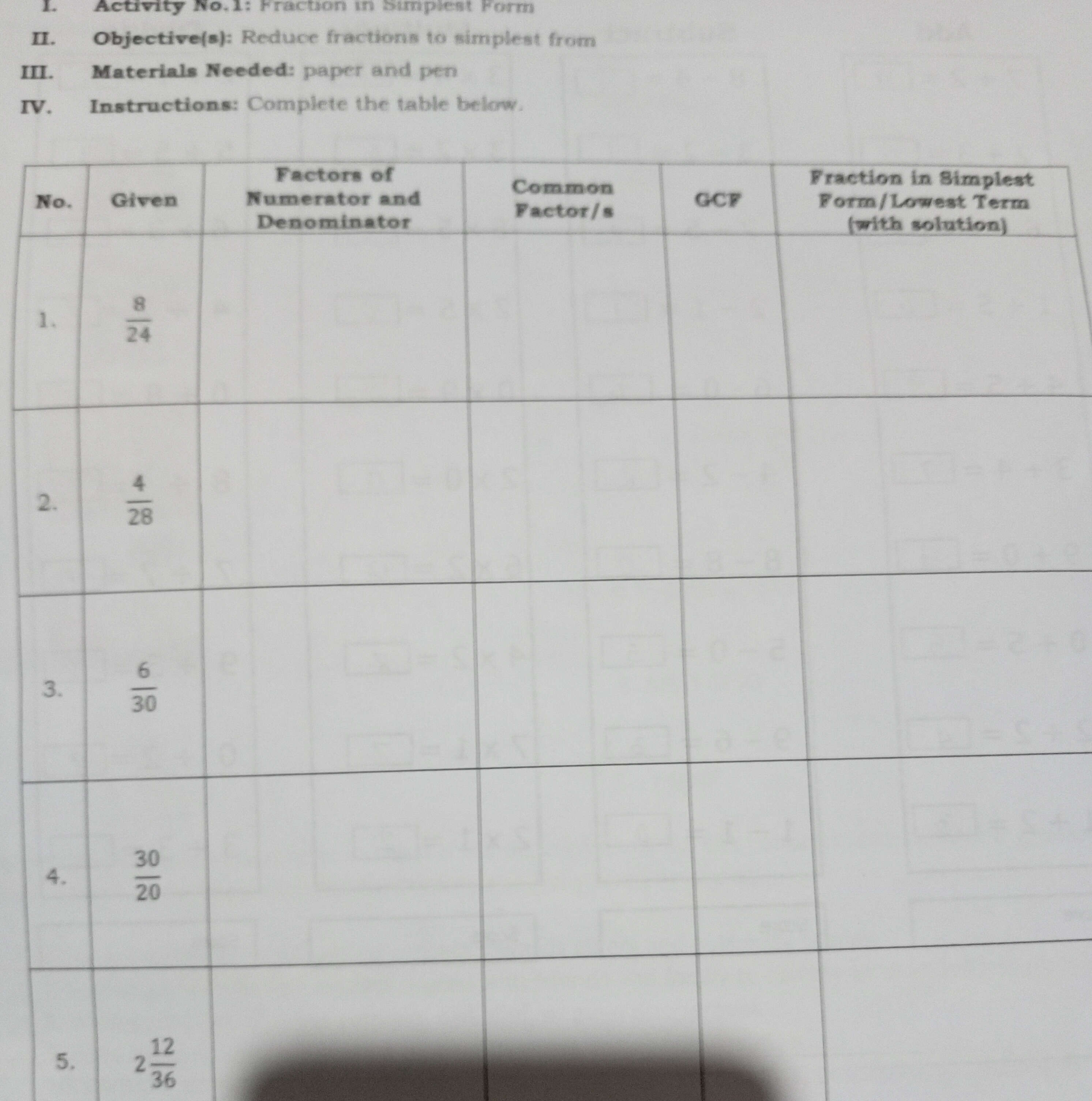 Activity No1 Fraction in Simplest Form | StudyX