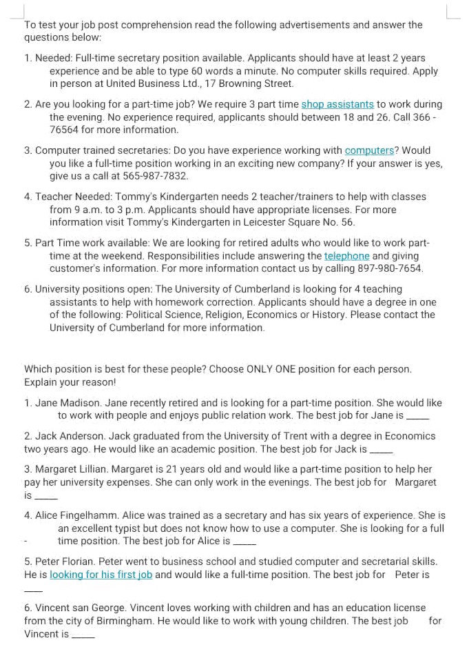 To test your job post comprehension read the | StudyX