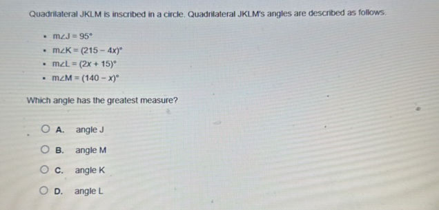 Quadrilateral JKLM is inscribed in a circle | StudyX