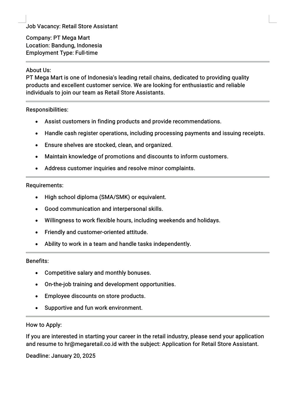 Job Vacancy Retail Store Assistant Company | StudyX