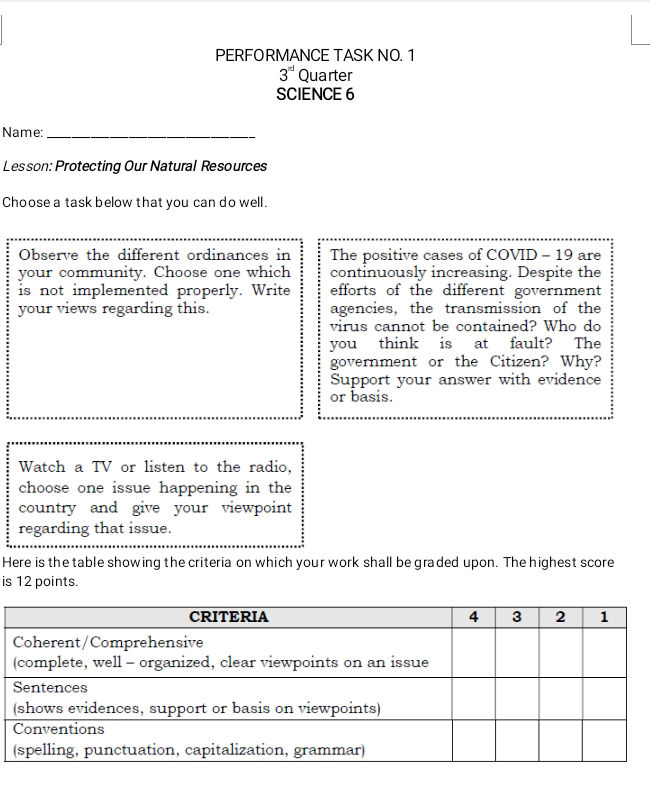PERFORMANCE TASK NO 1 3rd Quarter SCIENCE 6 | StudyX