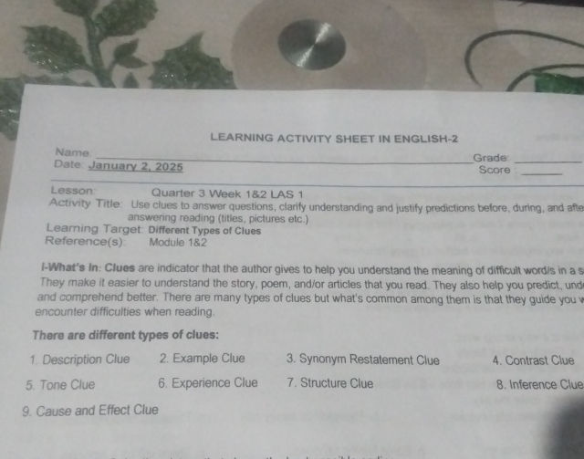 LEARNING ACTIVITY SHEET IN ENGLISH-2 Name | StudyX