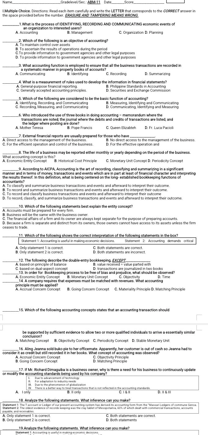 Name Gradelevel/Sec ABM-11 Date Score | StudyX