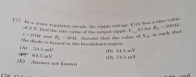 177 In a zener regulator circuit the ripple | StudyX