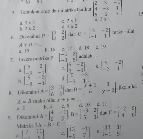 5 Tentukan ordo dari matriks berikut 2 3 | StudyX