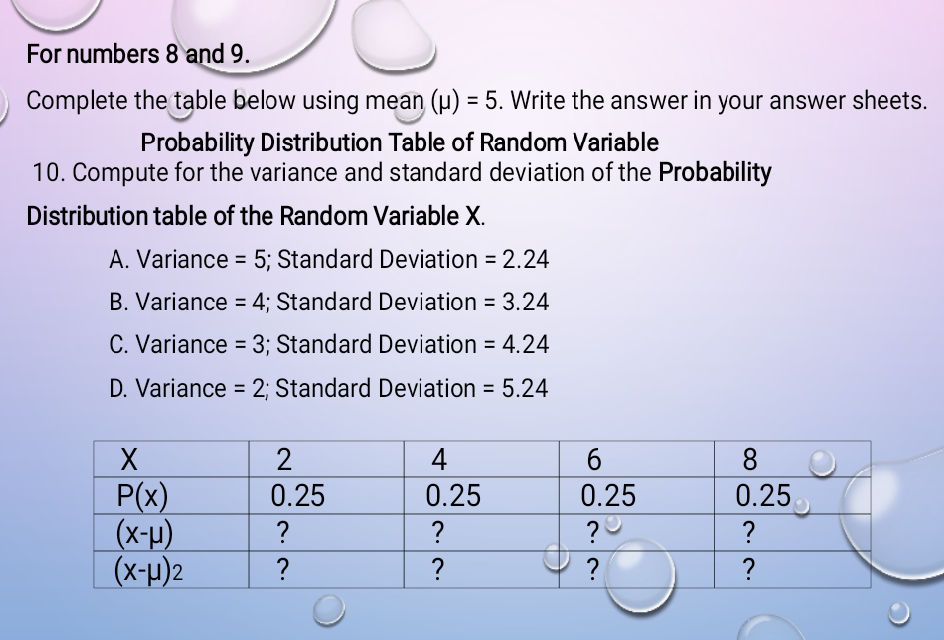 For numbers 8 and 9 Complete the table below | StudyX