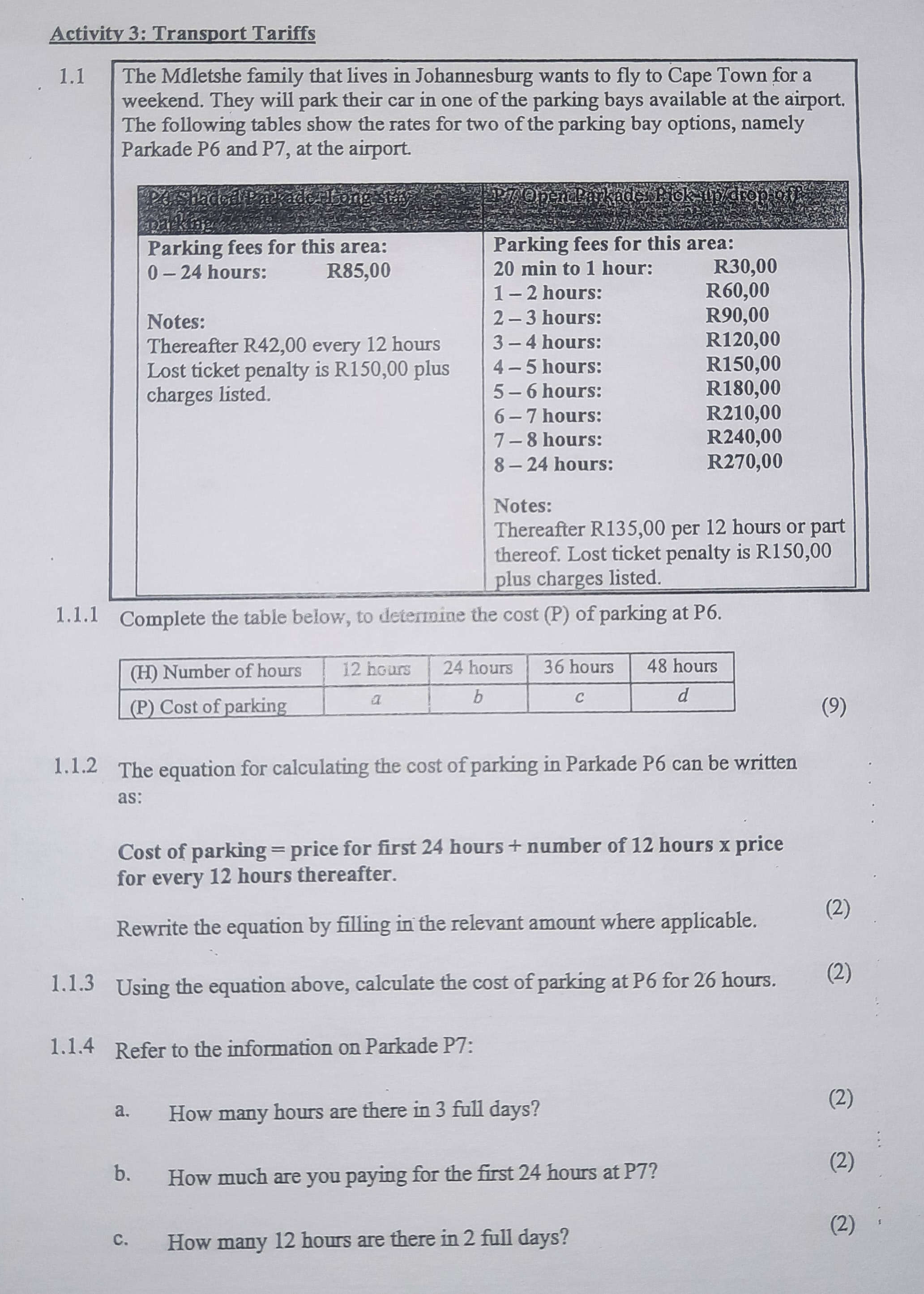 Activity 3 Transport Tariffs 11 The Mdletshe | StudyX