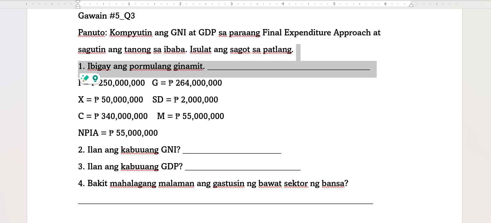 Gawain 5Q3 Panuto Kompyutin ang GNI at GDP | StudyX