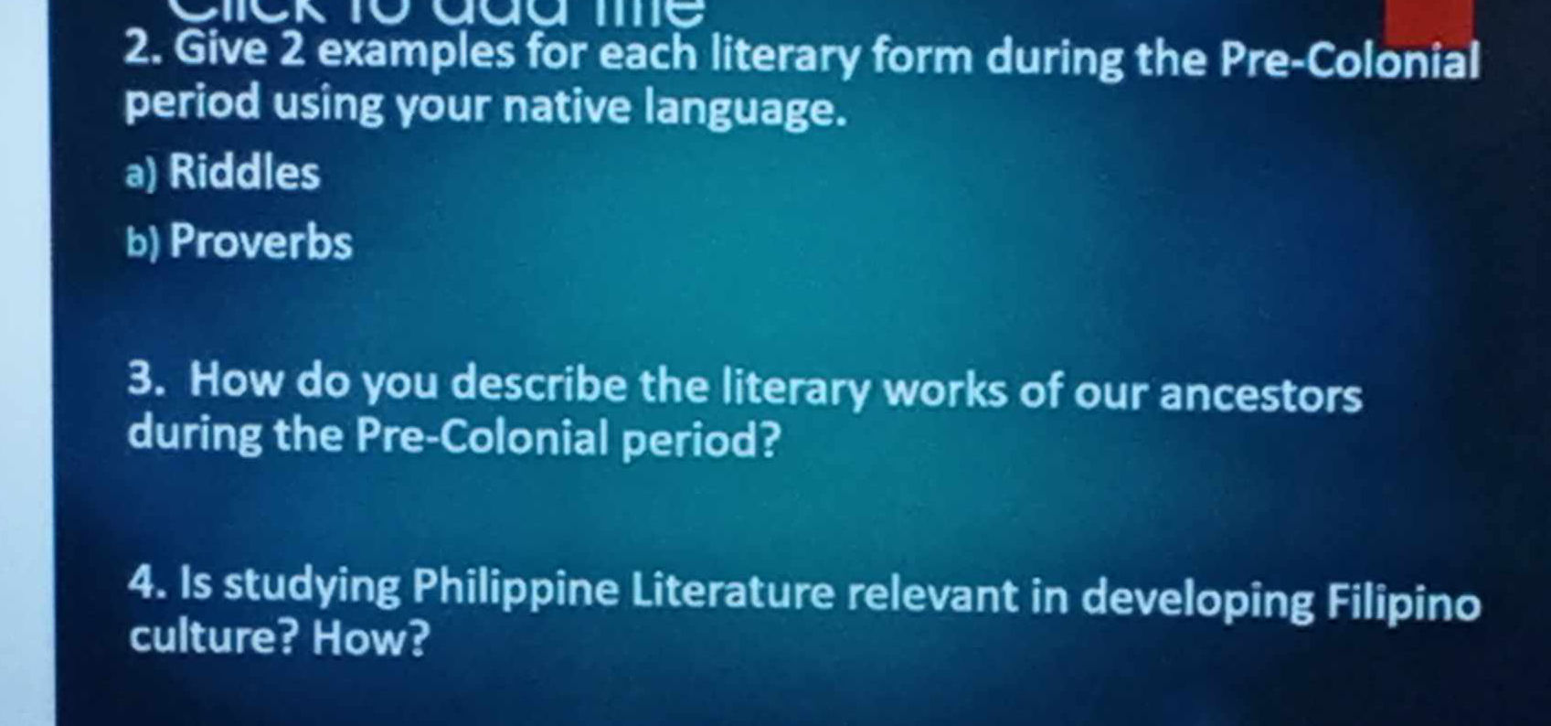 2 Give 2 examples for each literary form | StudyX