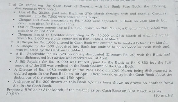 2 a) On comparing the Cash Book of Ganesh