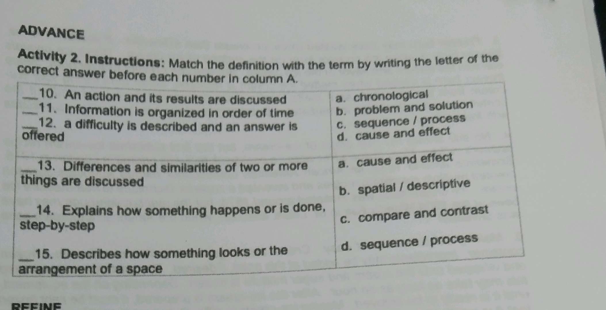 ADVANCE Activity 2 Instructions Match the | StudyX