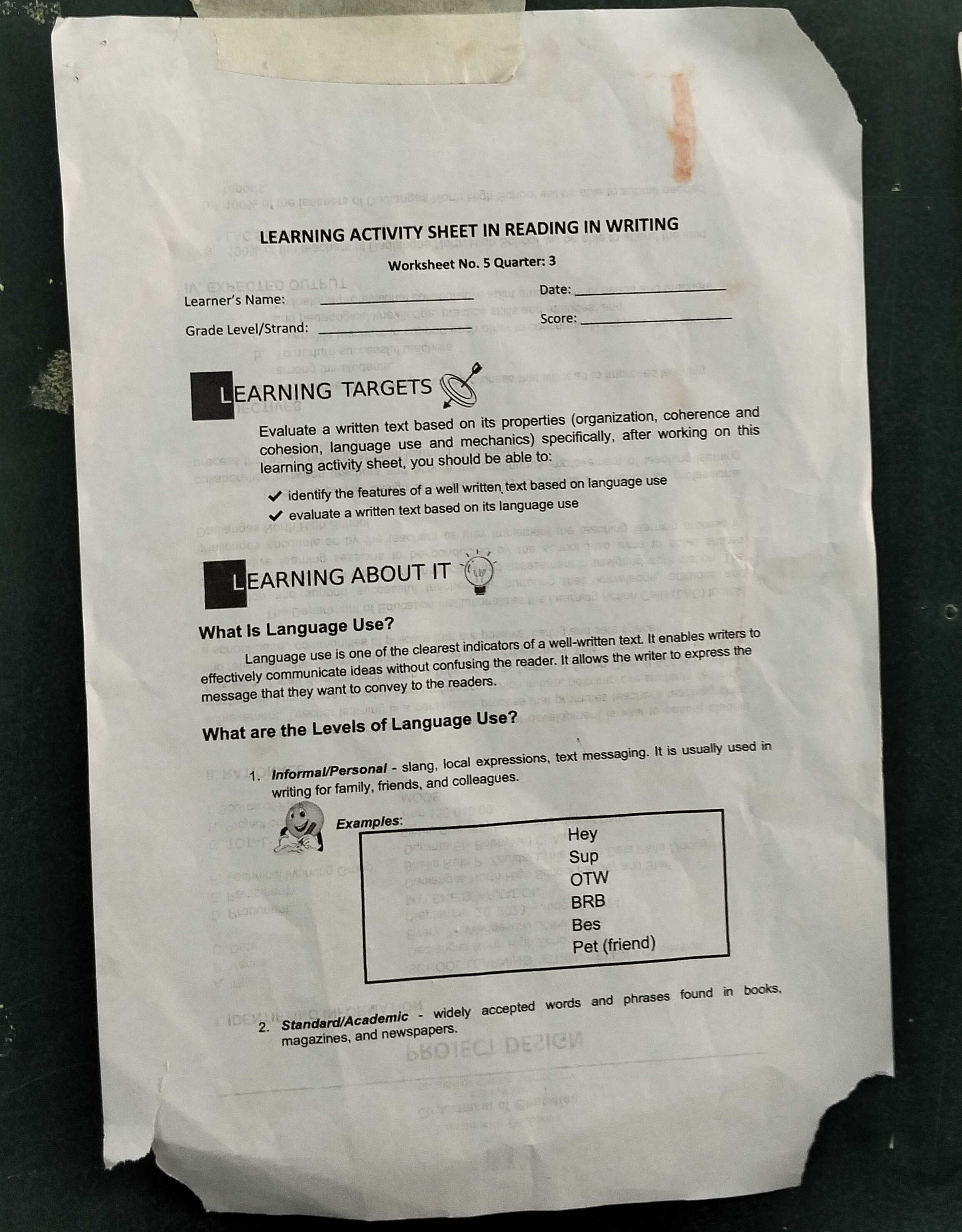 LEARNING ACTIVITY SHEET IN READING IN | StudyX