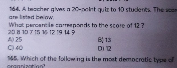 164 A teacher gives a 20-point quiz to 10