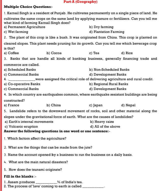 Part-A (Geography) Multiple Choice | StudyX
