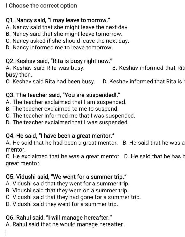 I Choose the correct option Q1 Nancy said I | StudyX