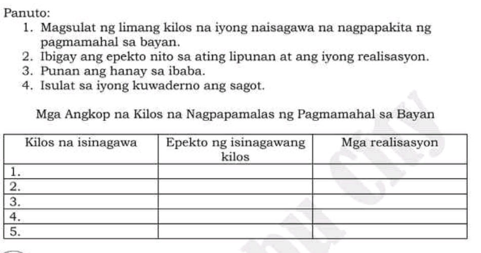 Panuto 1 Magsulat ng limang kilos na iyong | StudyX