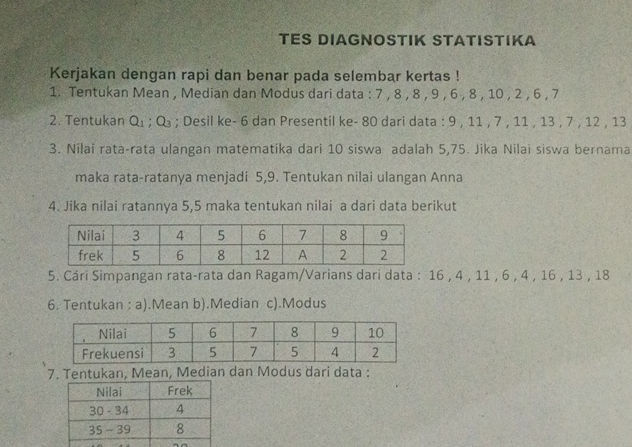 TES DIAGNOSTIK STATISTIKA Kerjakan dengan | StudyX