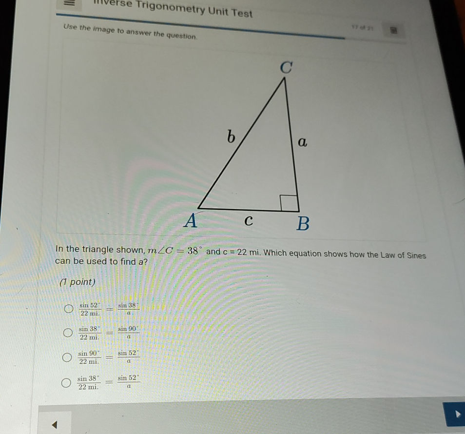In the triangle shown mC = 38 and c = 22 mi