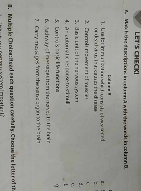 LETS CHECKA Match the descriptions in column | StudyX