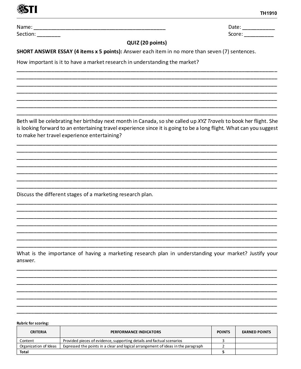 SHORT ANSWER ESSAY (4 items x 5 points) | StudyX