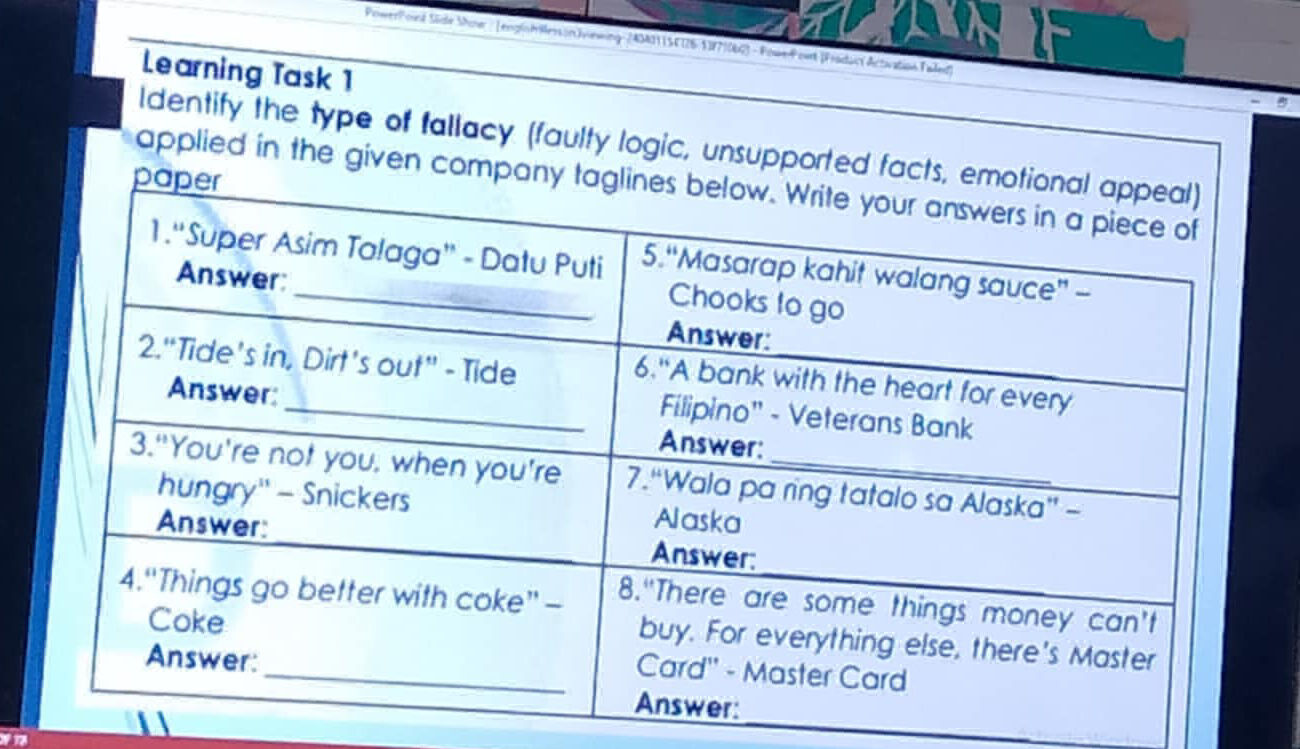 Learning Task 1 Identify the type of fallacy | StudyX