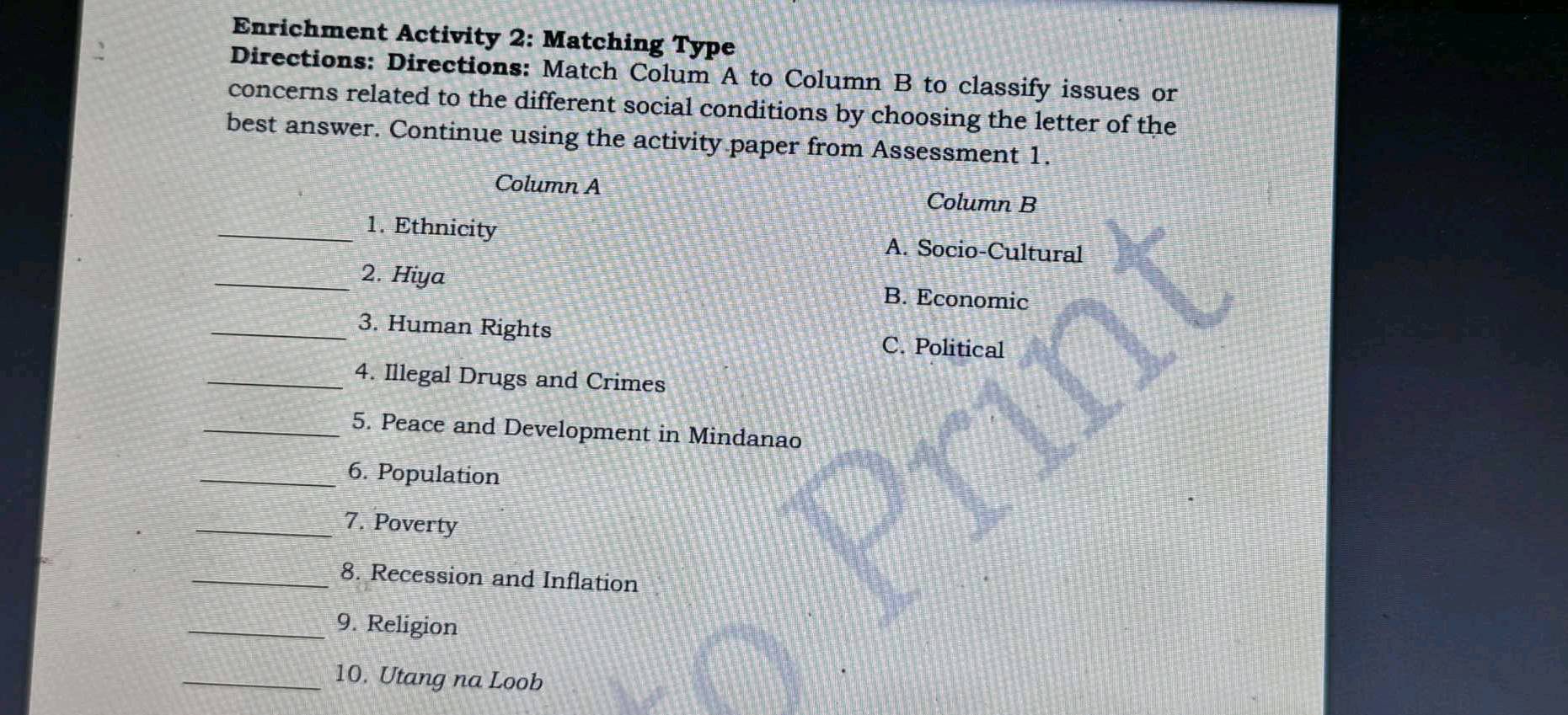 Enrichment Activity 2 Matching Type | StudyX