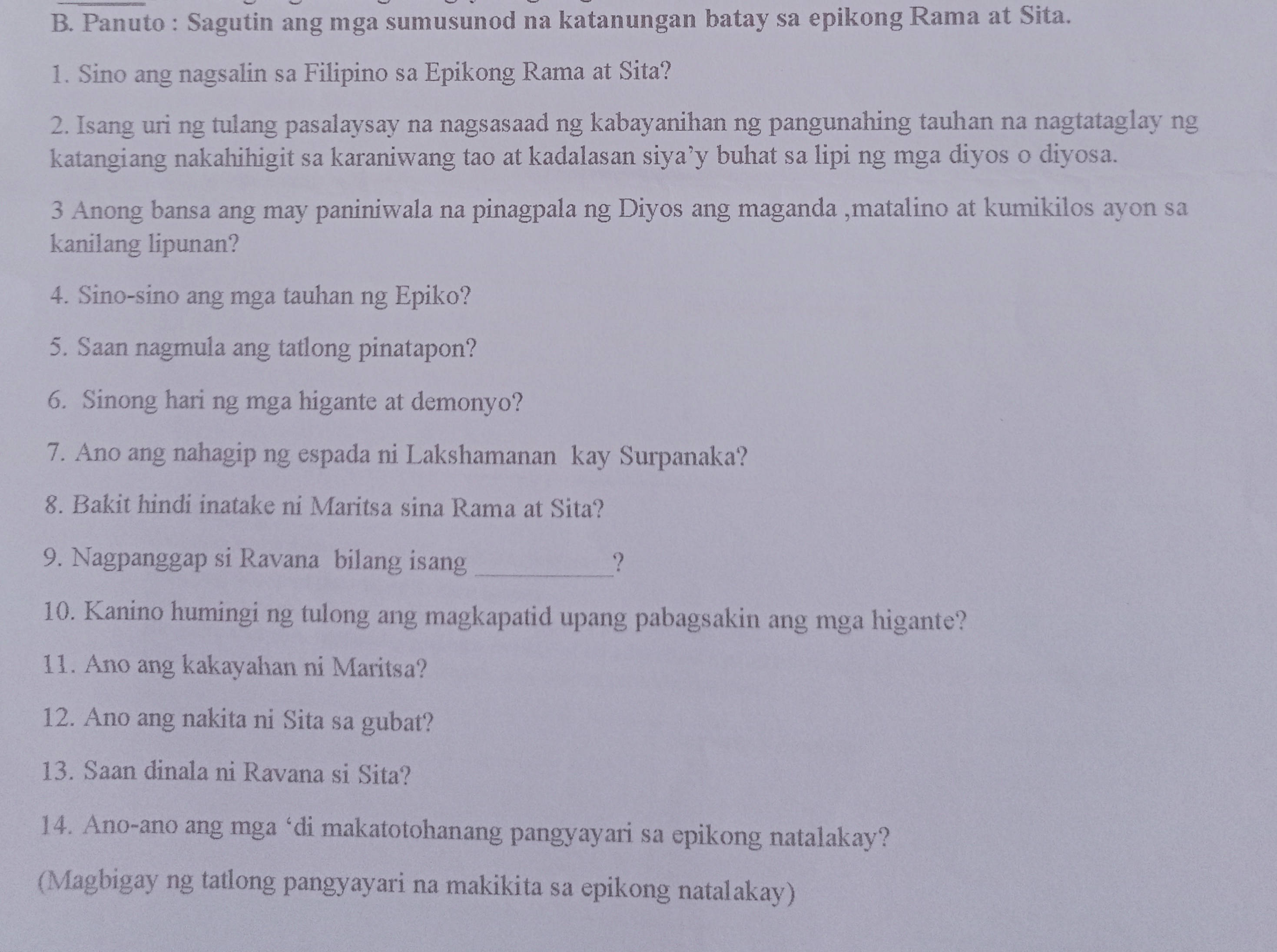 B Panuto Sagutin ang mga sumusunod na | StudyX