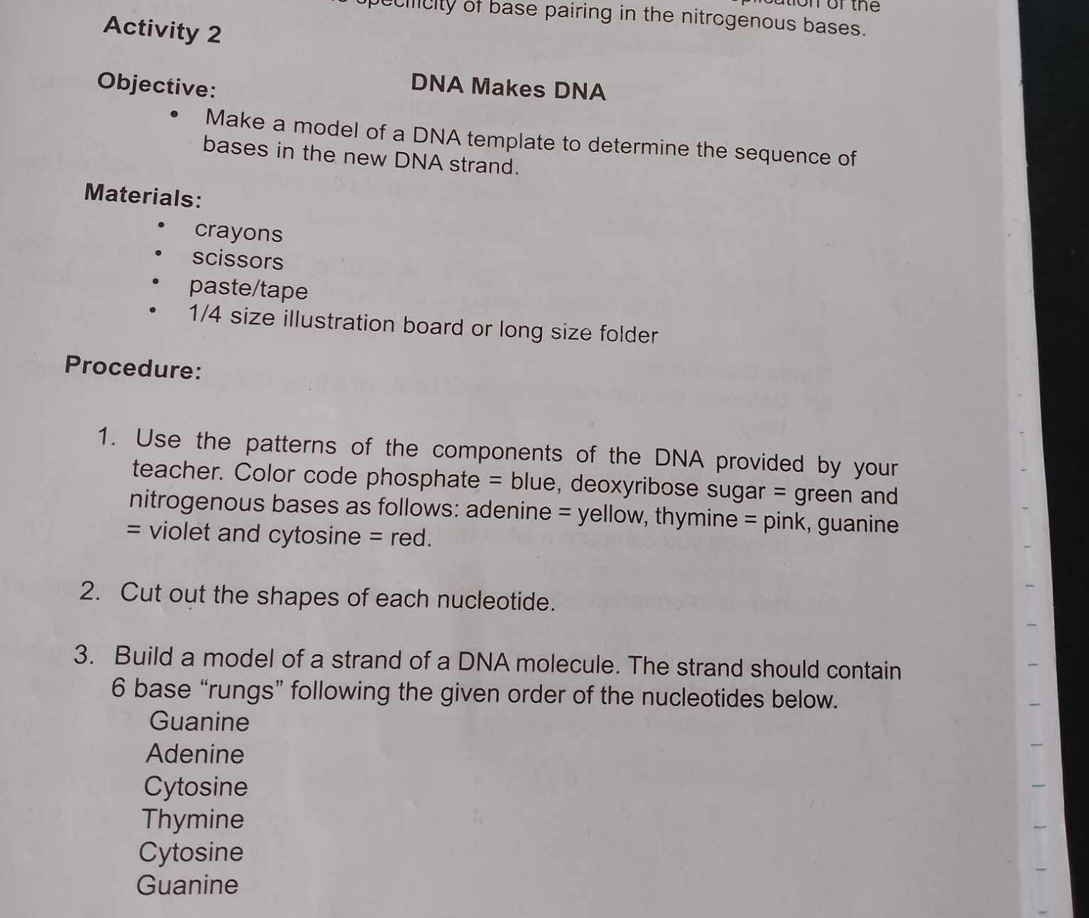 Activity 2 Objective DNA Makes DNA Make a
